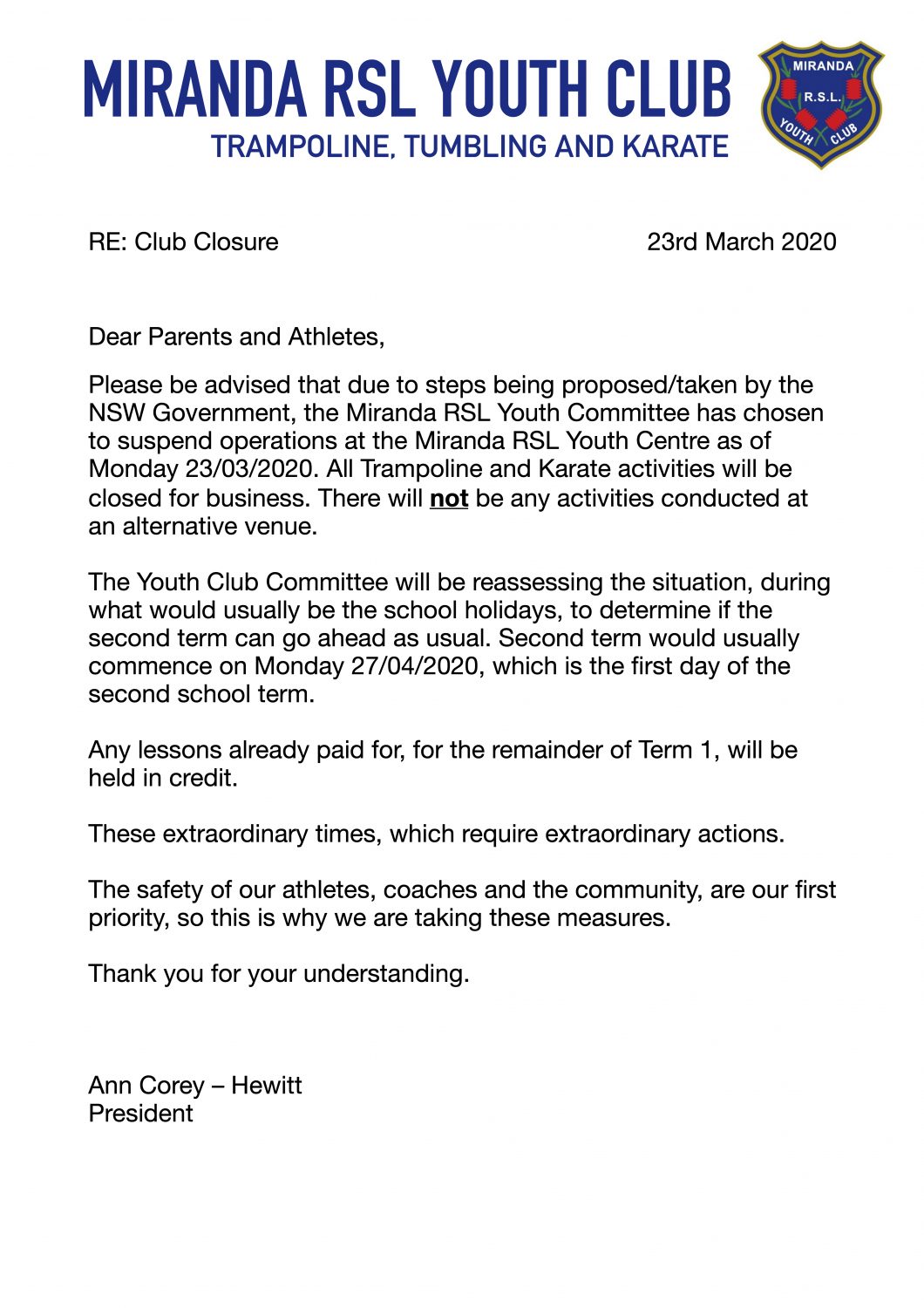 Club Closure - 23rd March 2020 - Miranda RSL Youth Club