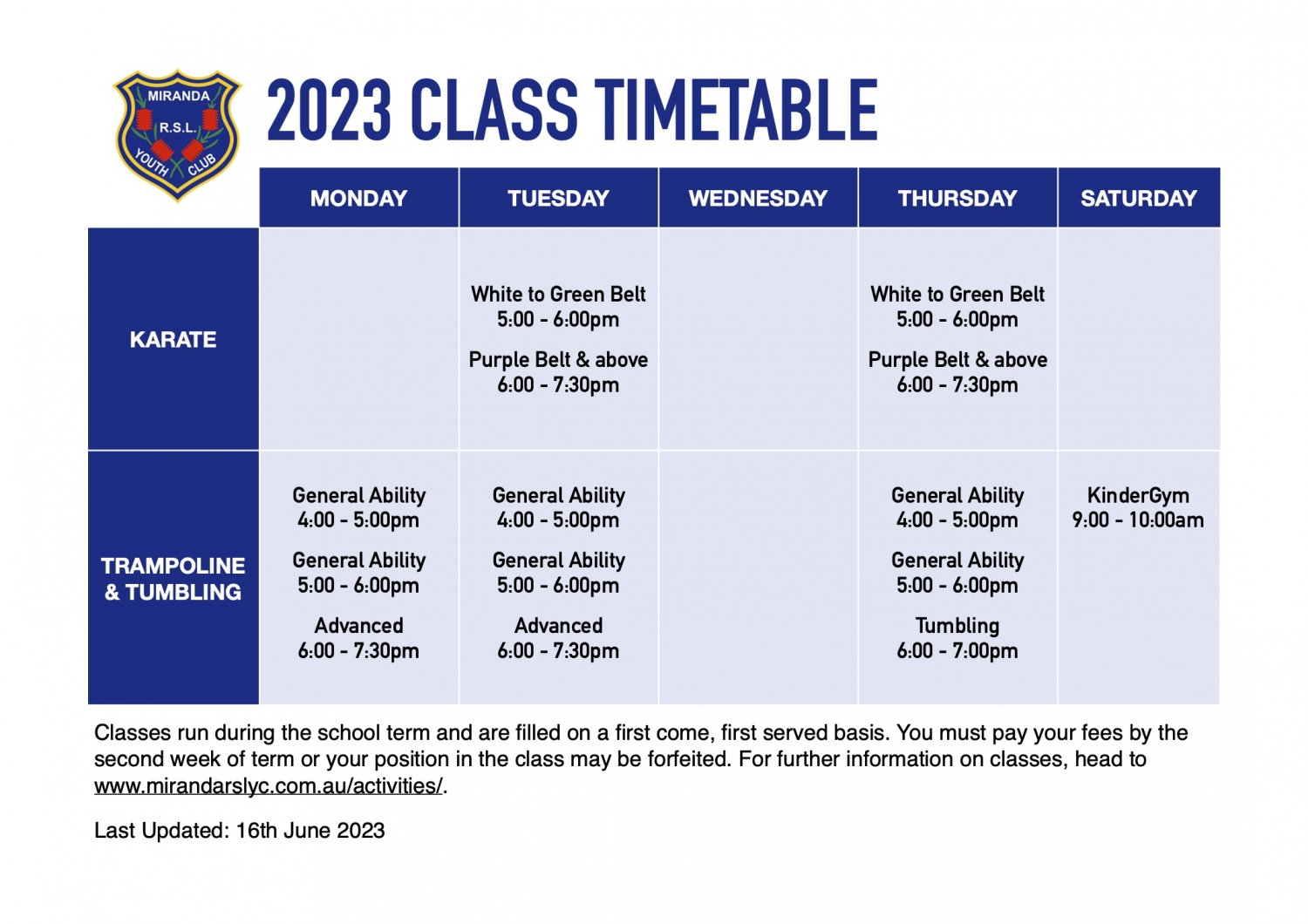 Term 3 Timetable Changes - Miranda RSL Youth Club