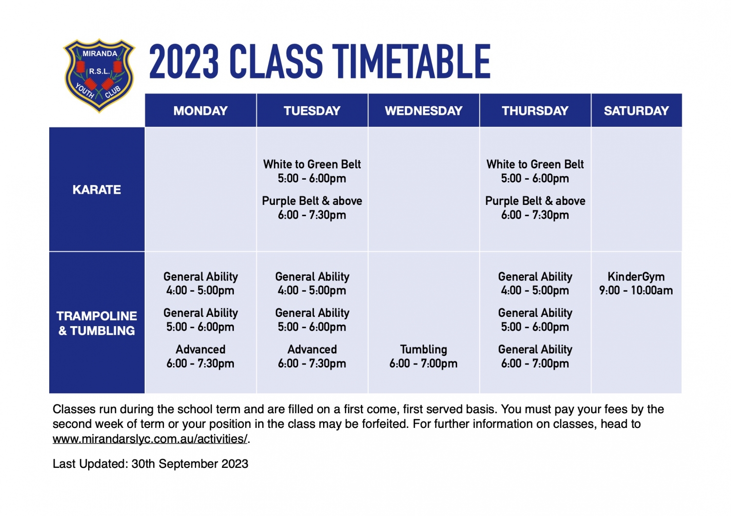 Term 4 Timetable Changes - Miranda RSL Youth Club